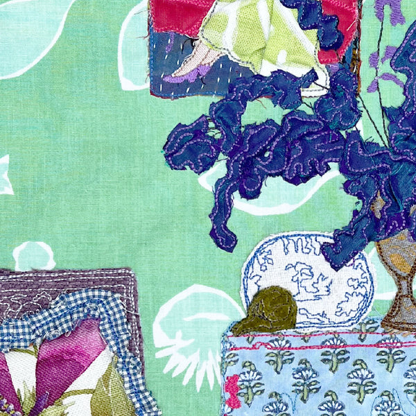 Portrait and Purple Blooms textile art - Sarah Wiley Art